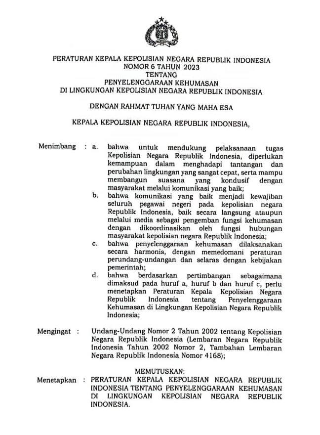 PERKAP NO 6 TAHUN 2023 - Tribratanews Polres Tanggamus